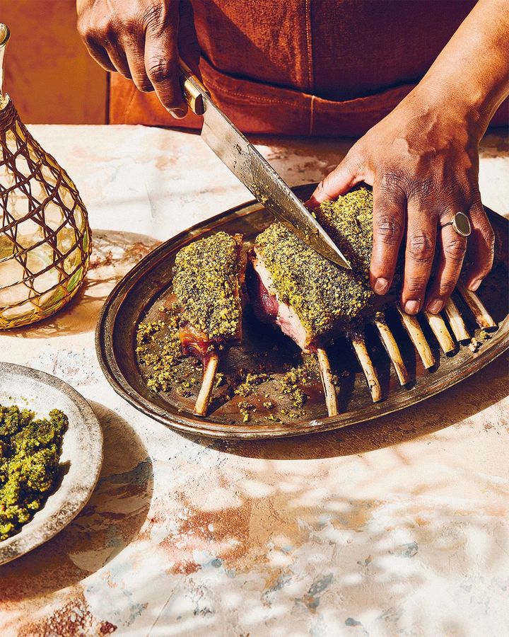 Grilled rack of California lamb with collard-almond pesto - BBC Travel